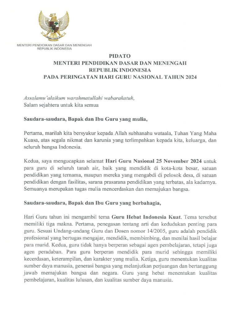 Pidato Mendikdasmen Upacara HGN 2024 | PDF