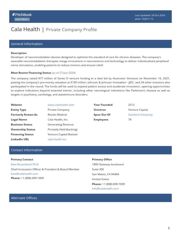 Cala Health: Neuromodulation Devices Overview | PDF | Preferred Stock ...