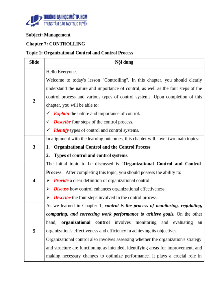 QTHTA - C7 - CD7.1 - Organizational Control and Control Process | PDF | Innovation | Employment