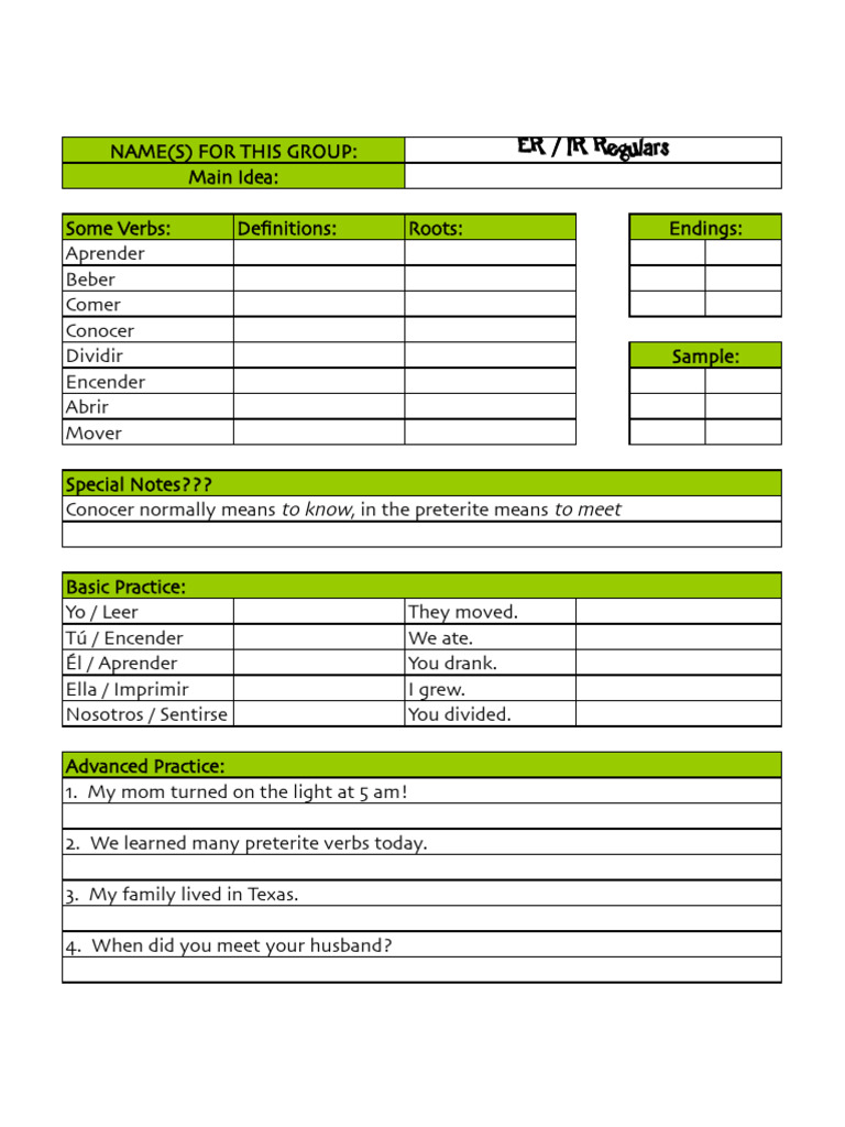 Regular ER IR Preterite Notes Guide | PDF