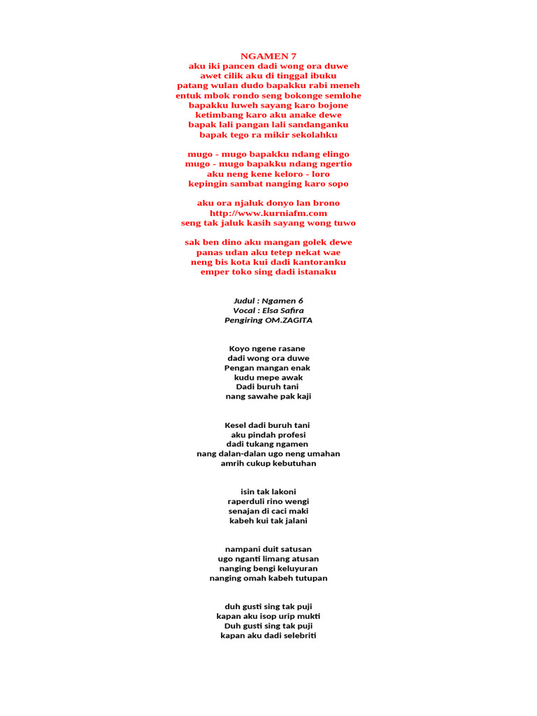 Lirik Lagu Ngamen 1-7 | PDF