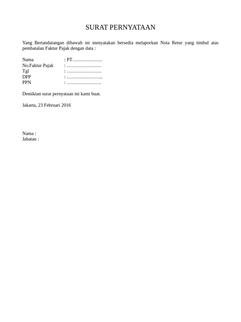 Surat Pernyataan Pelaporan Nota Retur | PDF
