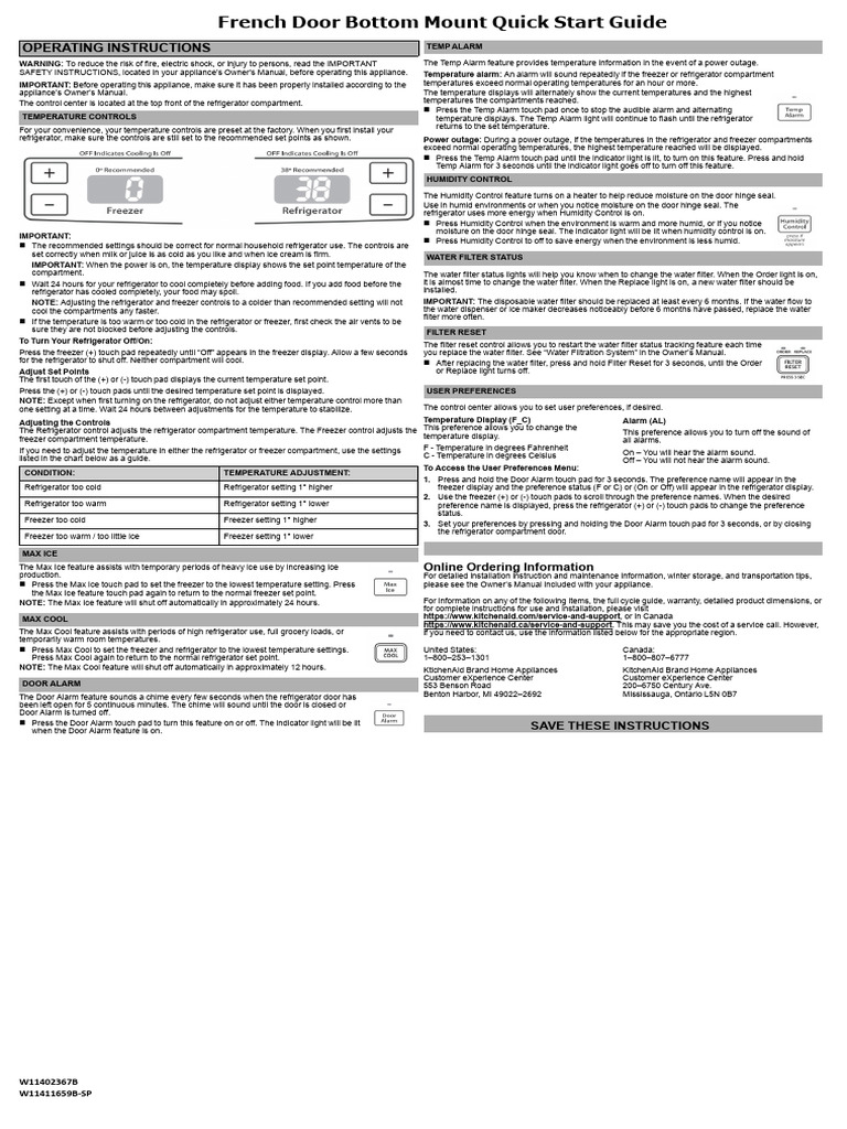 Quick Start Guide w11402367 RevB | PDF | Refrigerator | Temperature