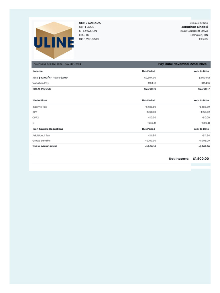 Employee Pay Stub - ULINE CANADA - Jonathan Kindeki - 2024-11-22 - [0251] | PDF