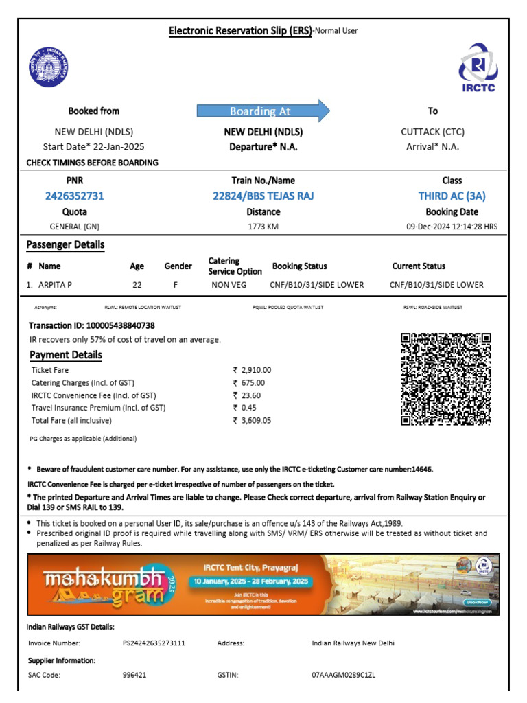 22824/Bbs Tejas Raj Third Ac (3A) | PDF | Identity Document