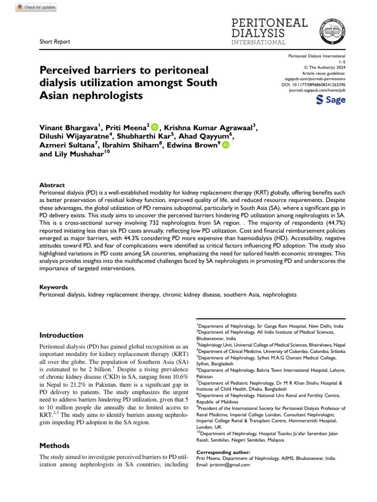 Barriers to Peritoneal Dialysis in South Asia | PDF | Nephrology ...