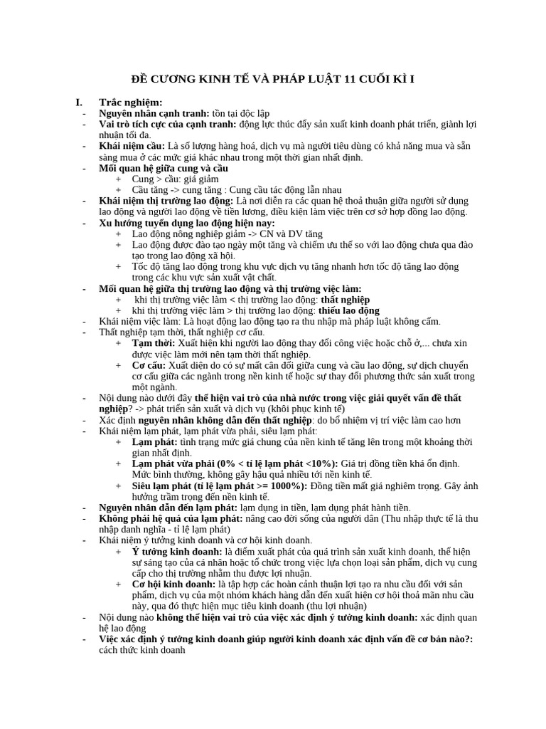 Đề Cương KTPL 11 Cuối Kì I | PDF