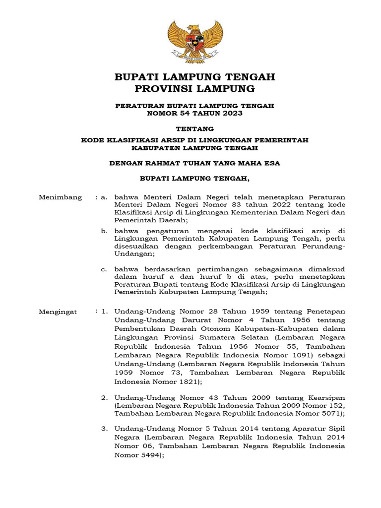 Perbup No 54 Tahun 2023kode Klasifikasi Arsip Di Lingkungan Pemerintah | PDF