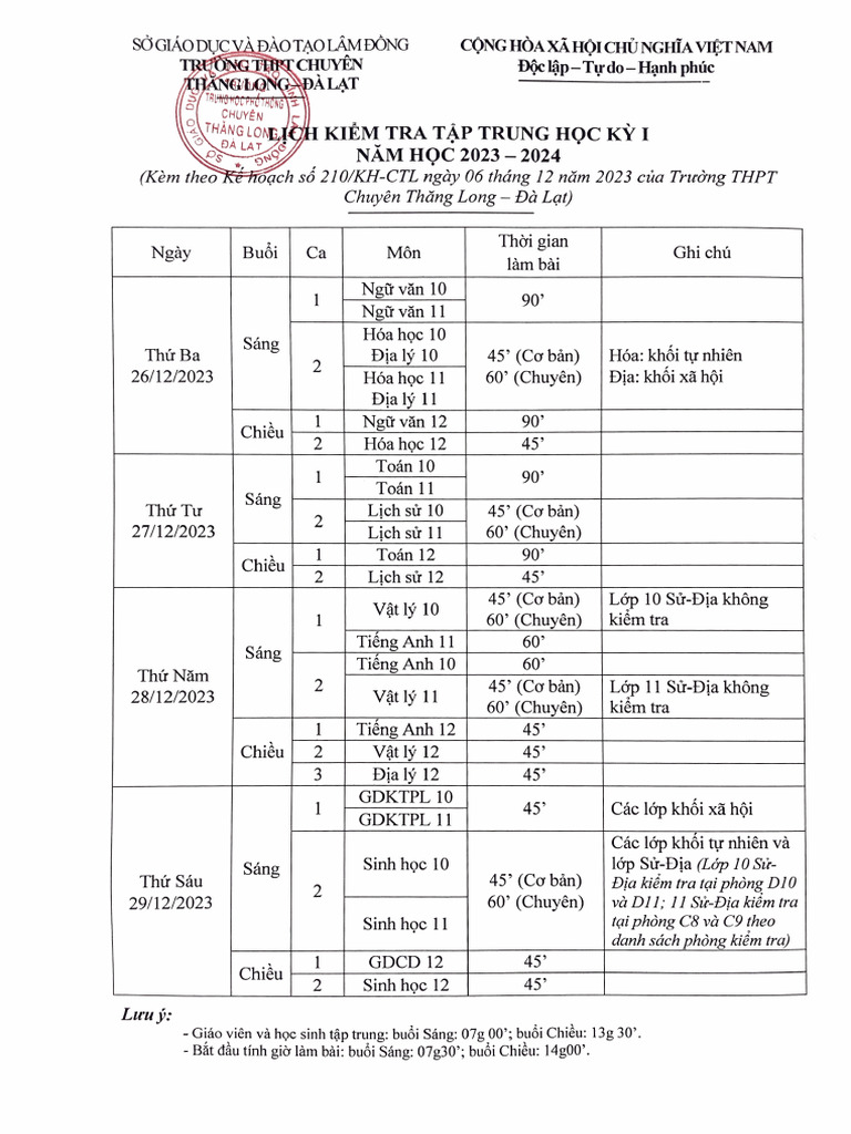 Lịch Kiểm Tra HKI - 2023-2024 | PDF