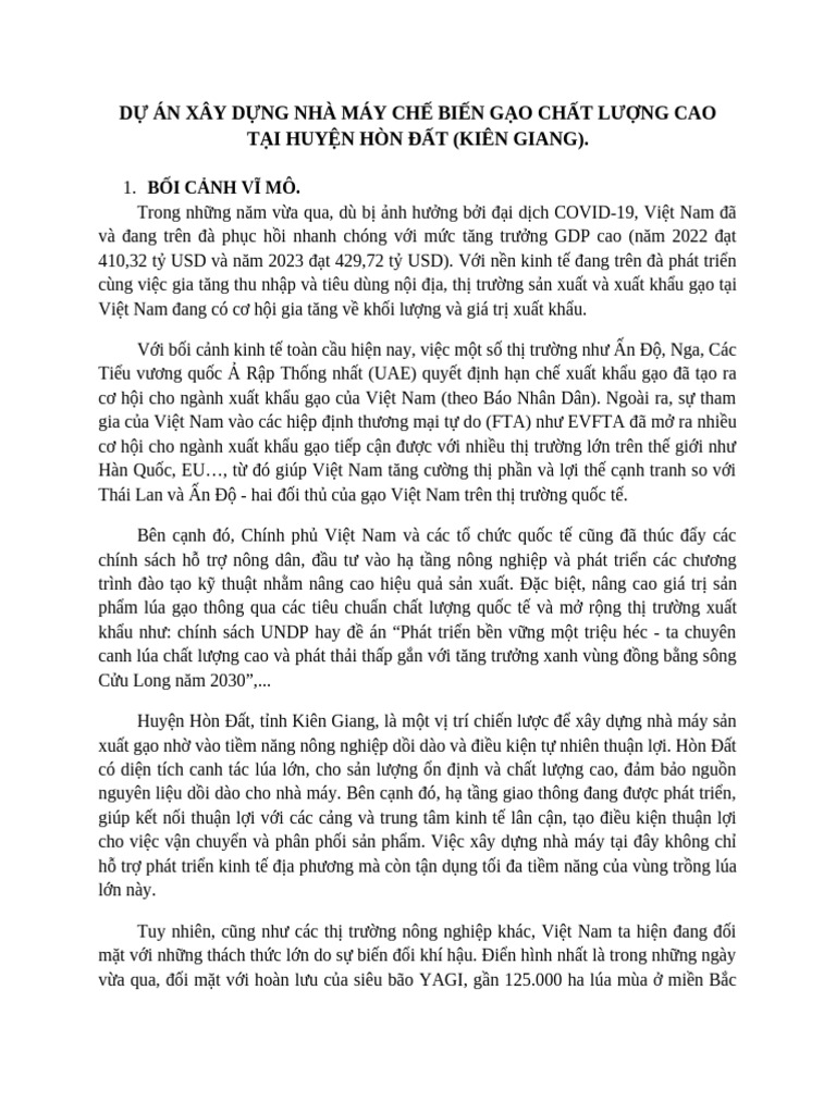 Dự Án Xd Nhà Máy Chế Biến Gạo Clc Tại Hòn Đất (Kiên Giang) | PDF