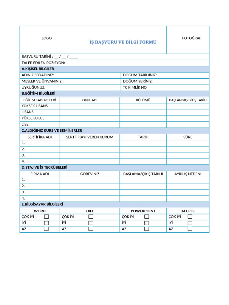 11-1 Word 2010 Ekle Sekmesi (Tablolar Grubu-İş Başvuru Formu) | PDF