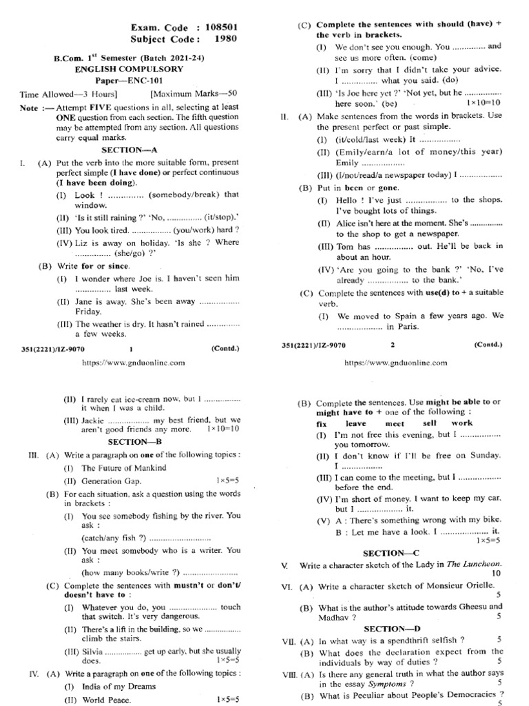 Bcom 1 Sem English 1980 2021 | PDF