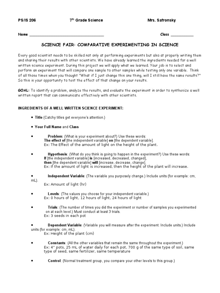 Science Fair: Comparative Experimenting in Science: PS/IS 206 7 Grade ...