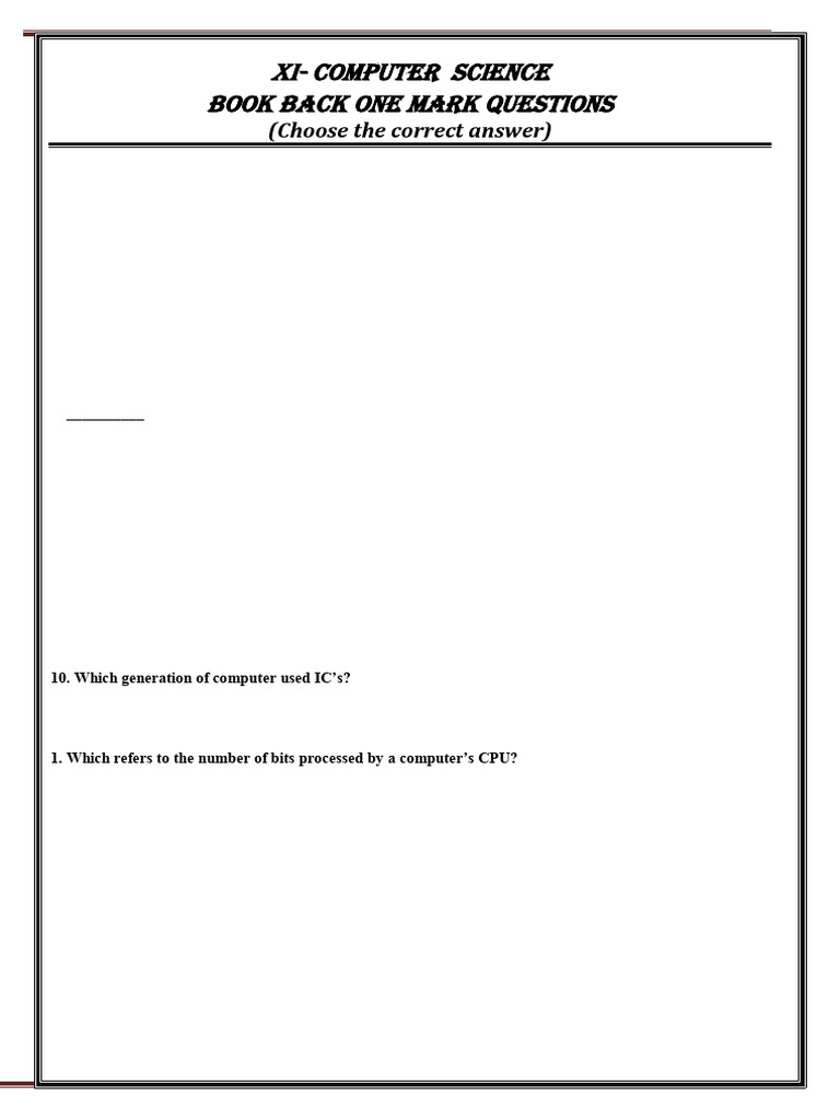 11th Computer Science Chapter 1 to 17 1 Mark Questions English Medium PDF Download | PDF ...
