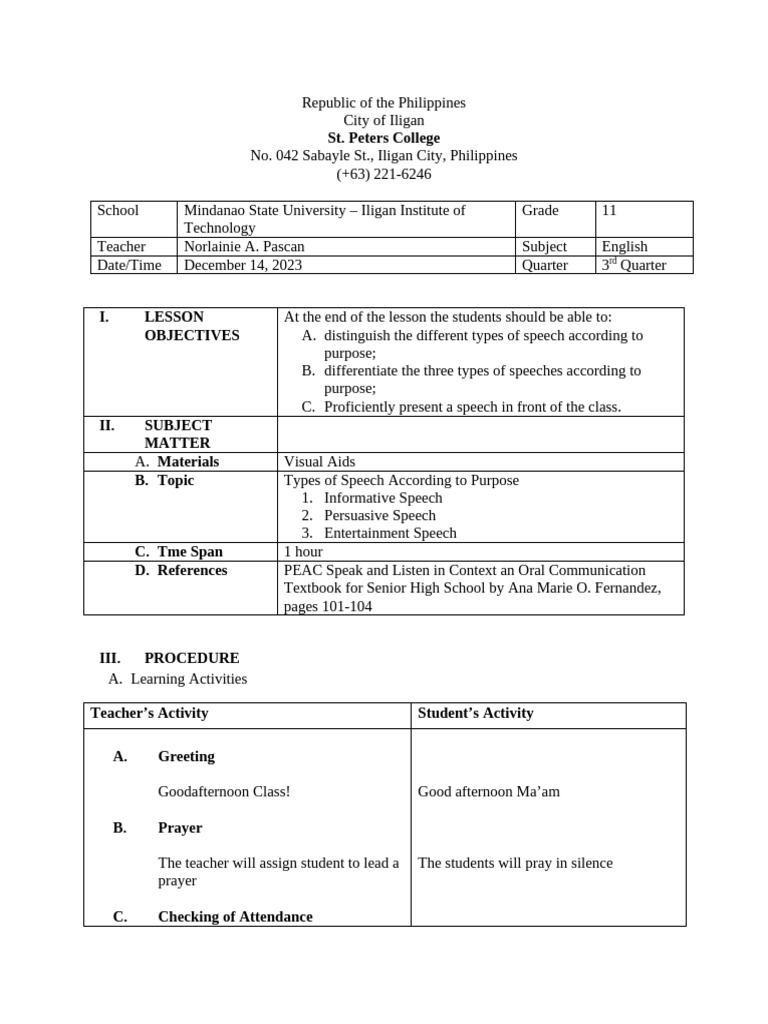 SPC-Lesson-Plan-English | PDF | Public Speaking | Learning