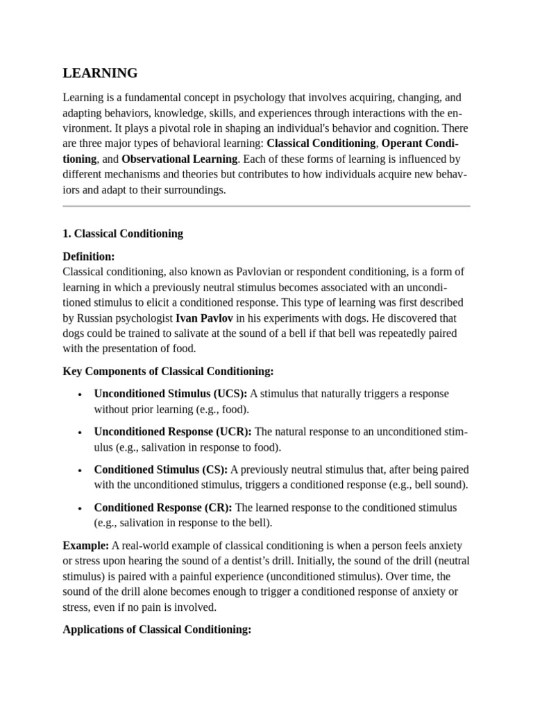 LEARNING | PDF | Learning | Classical Conditioning