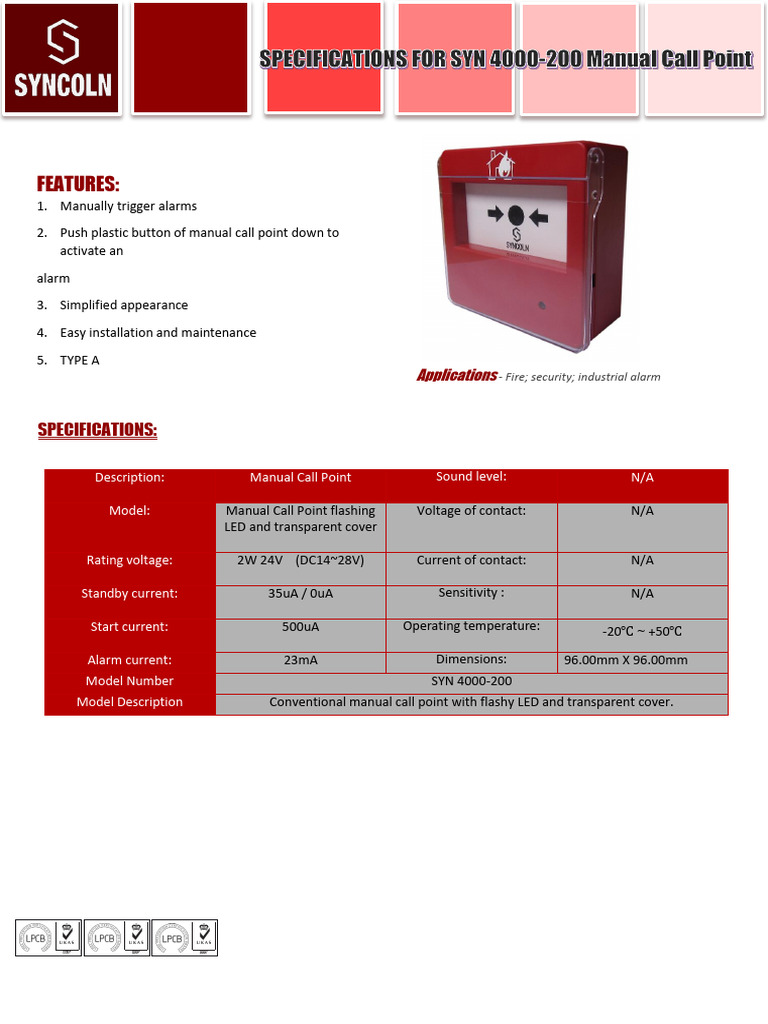 Specifications For Syn 4000 200 Manual Call Point | PDF