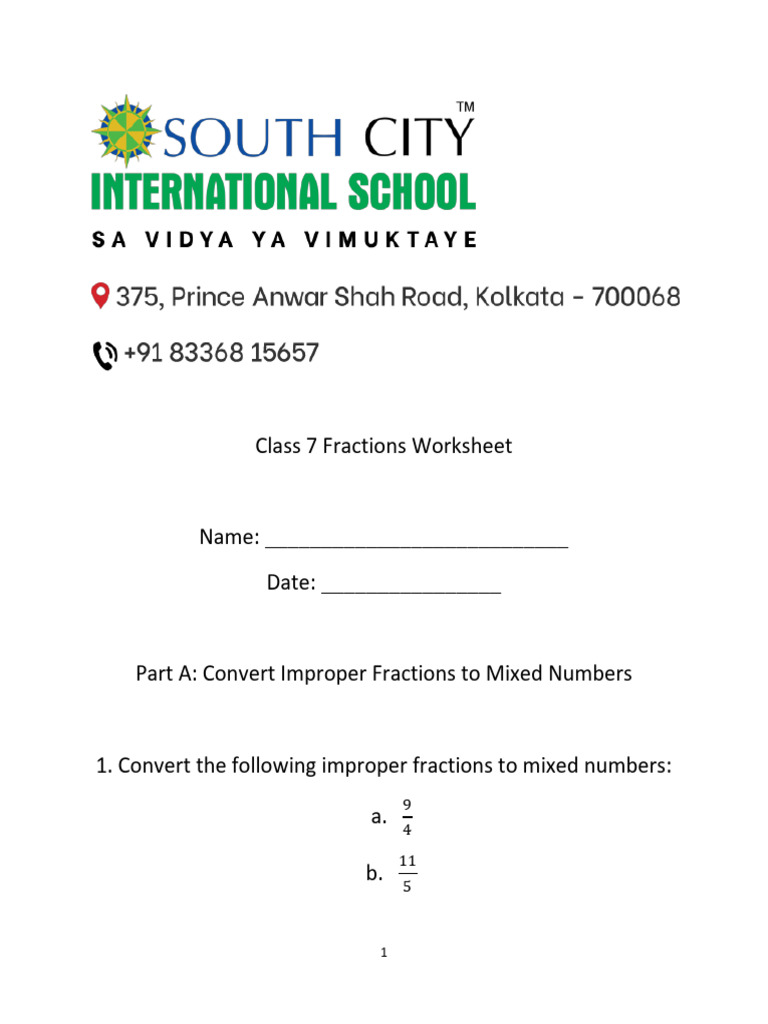 Class 7 Fractions Worksheet 1 | PDF