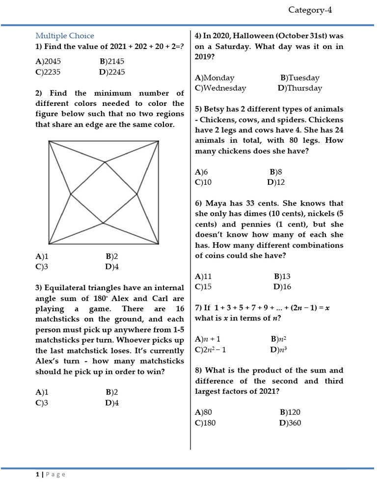 Math-Grade 5-6 Level (Category 4) - EXAM | PDF | Sphere | Euclidean ...