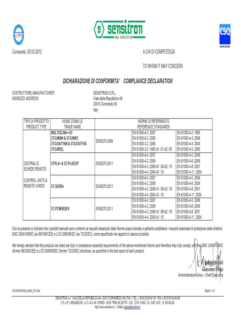 Declaration of Conformity_Centrales Sensitron | PDF