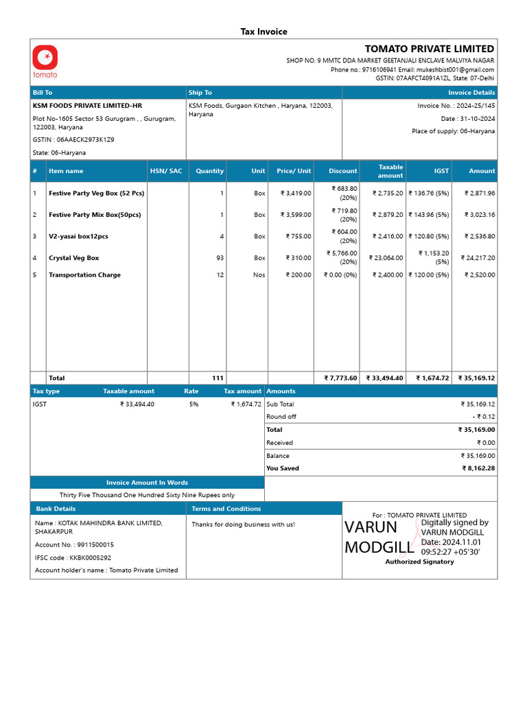 Tax Invoice_2024-25 145 | PDF | Invoice | Taxes