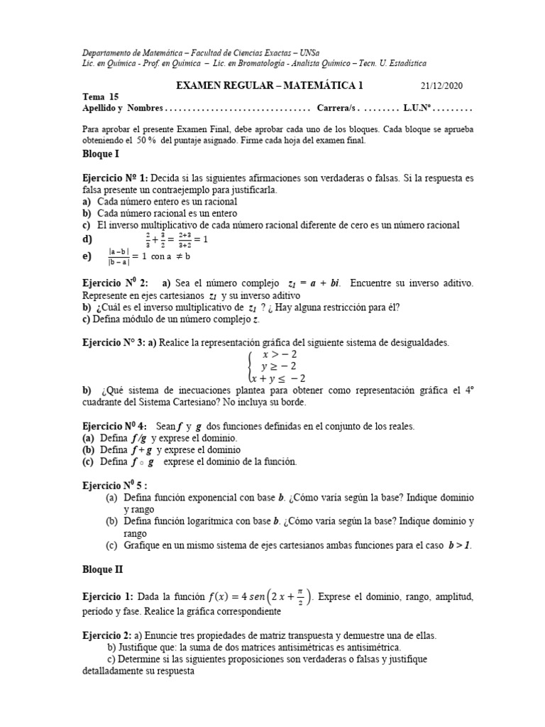 Examen Final de Matemática 1 - UNSa | PDF | Matriz (Matemáticas ...