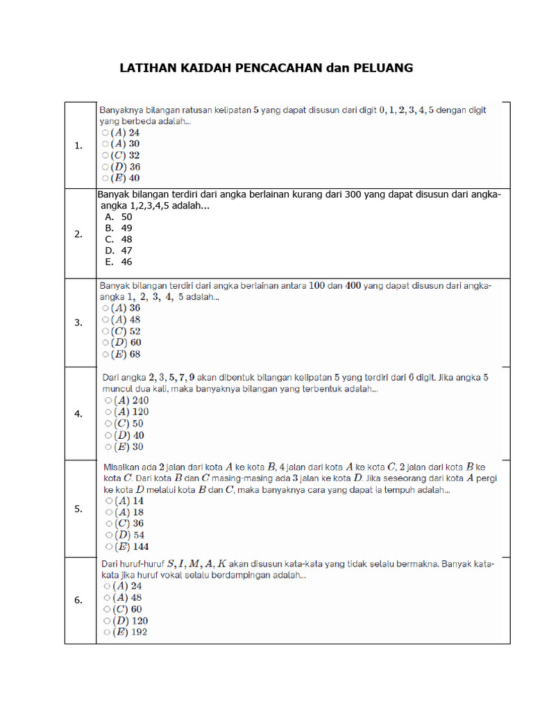 Latihan Kaidah Pencacahan Dan Peluang | PDF