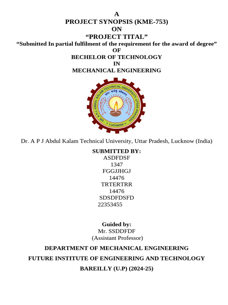 SYNOPSIS FRONT PAGE | PDF | Academic Degree | Career And Technical ...