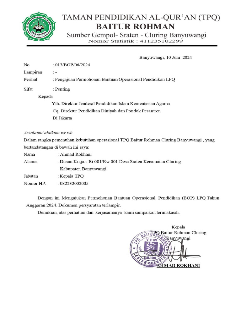 Surat Permohonan Bop 2024 | PDF