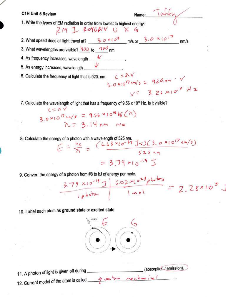 C1H Unit 3 Review KEY 2024 | PDF | Electron Configuration | Frequency