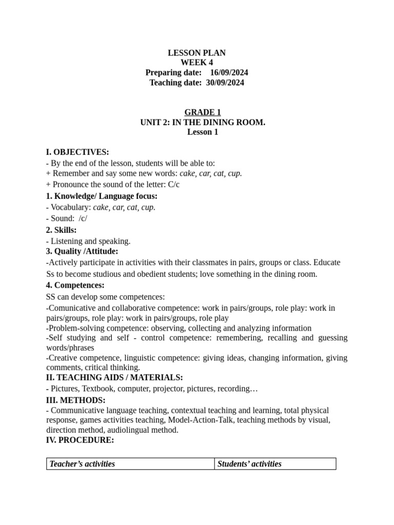 Lesson Plan (Week 4) | PDF | Vocabulary | Lesson Plan
