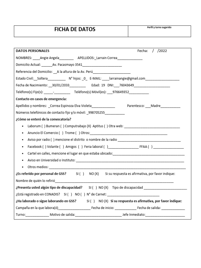 Larrain Angie - Ficha de Datos | PDF