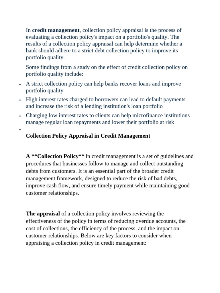 Collection Policy Appraisal in Credit Management | PDF | Loans | Credit