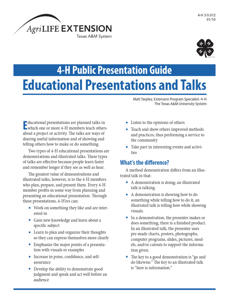 4-H Educational Presentation Guide | PDF | Public Speaking | Knowledge