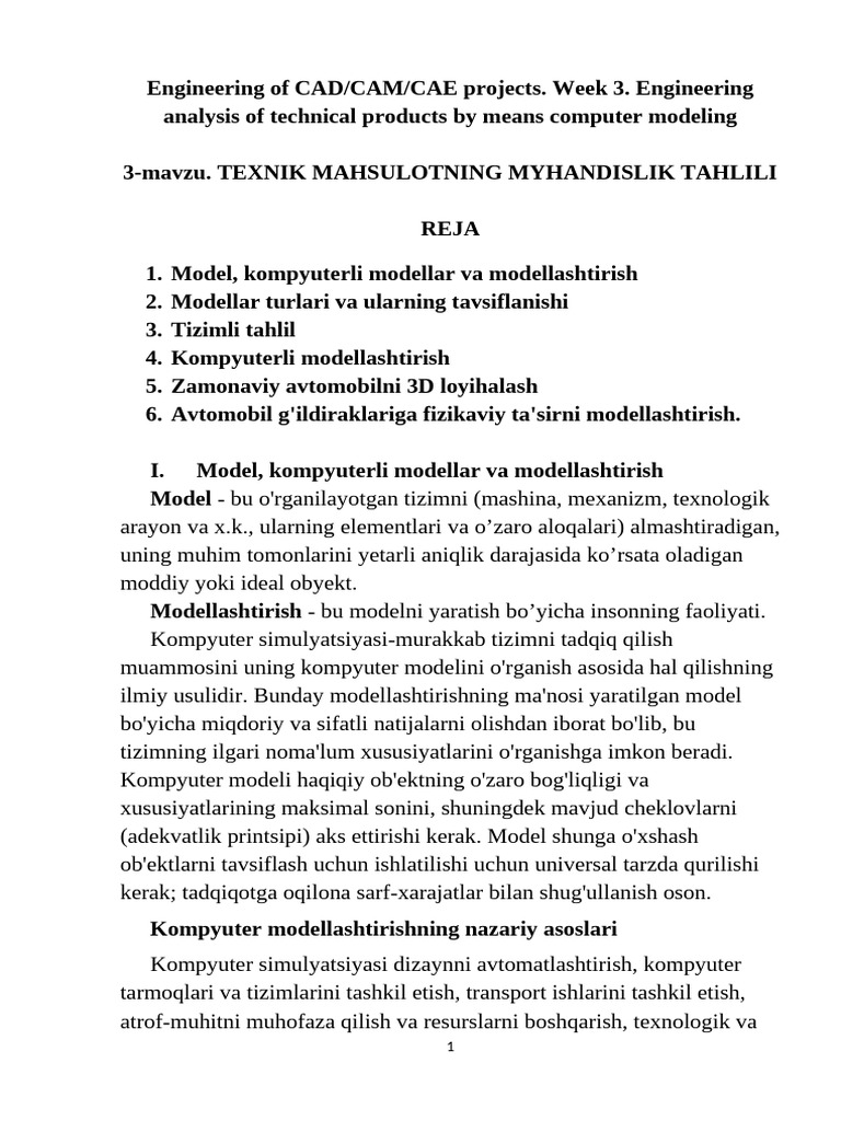 Engineering of CAD - CAM - CAE Projects. Week 3. Engineering Analysis of Technical Products | PDF