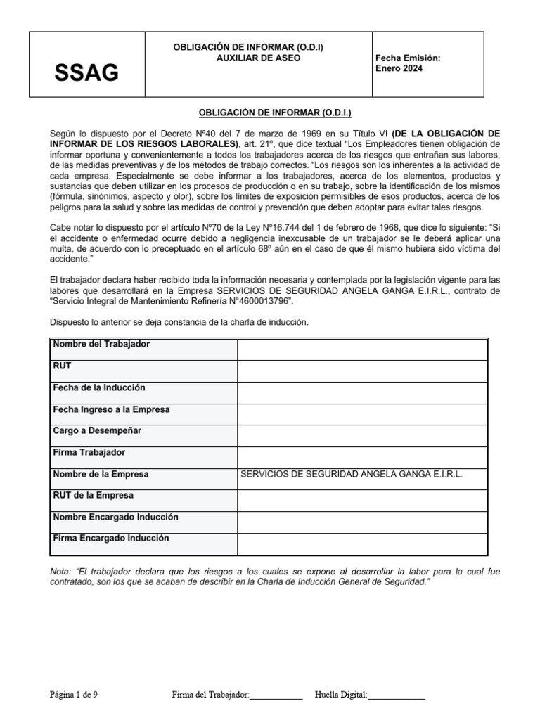Obligación de Informar Riesgos Laborales Aseo | PDF | Contaminación | Agua