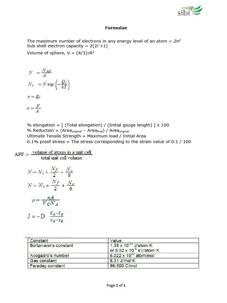 Formulas Materials | PDF