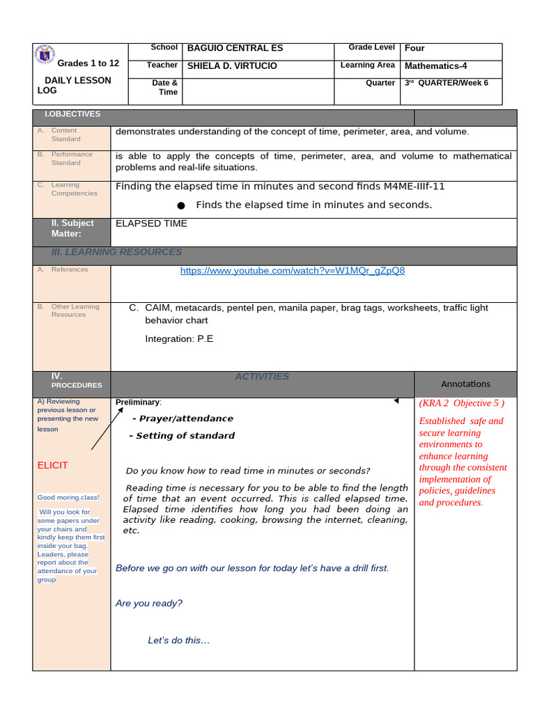 Grade 4 Mathematics: Elapsed Time Lesson | PDF | Learning | Procedural ...