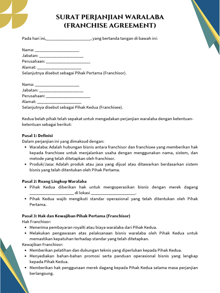 Surat Perjanjian Waralaba 2024 | PDF