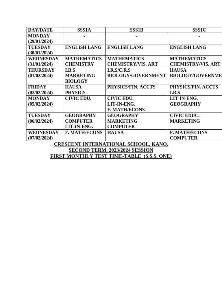 SSS1 First Monthly Test Timetable | PDF