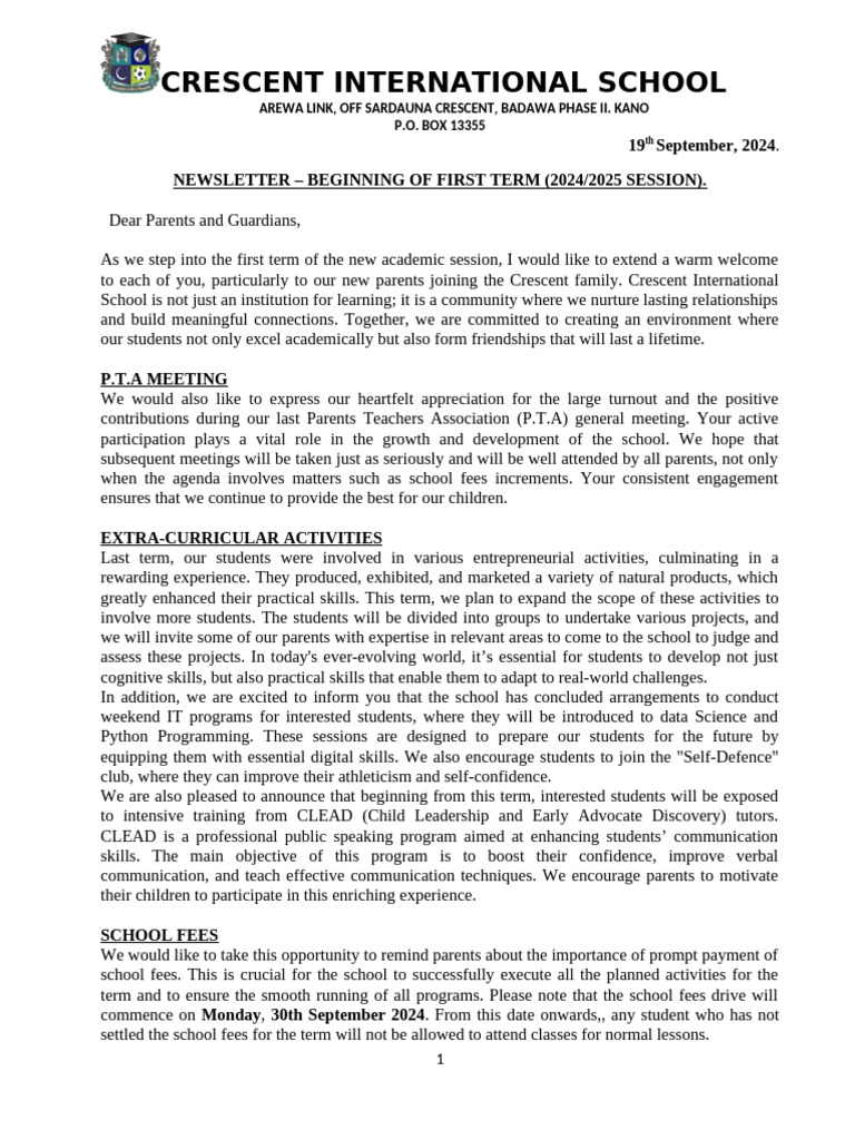 First Term Newsletter 2024/2025 | PDF | Disciplines | Learning