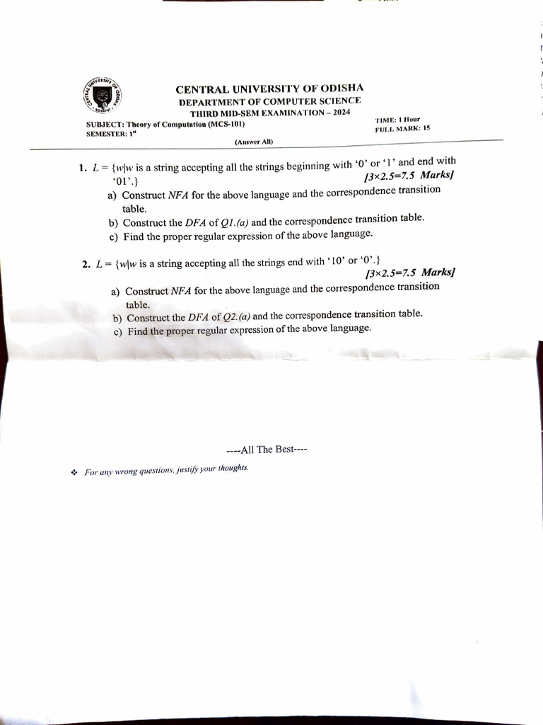 Question Papers Cs | PDF | Automata Theory | Mathematical Logic