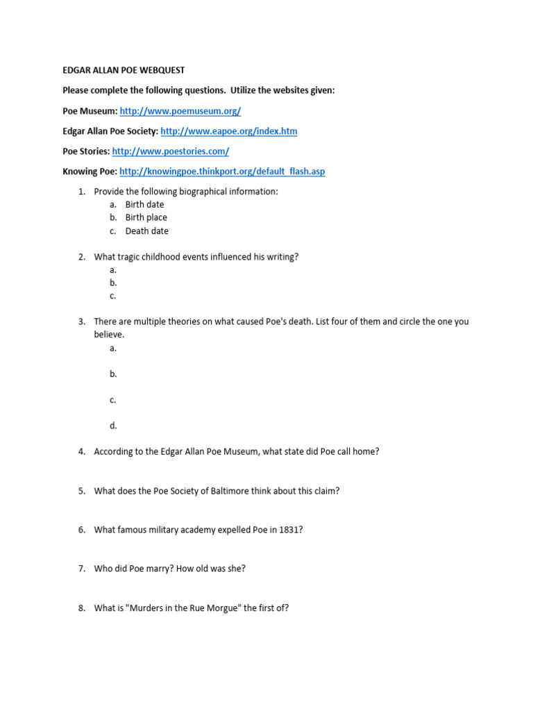Edgar Allan Poe Webquest Guide | PDF