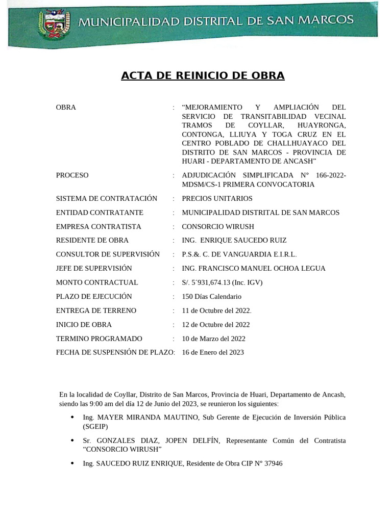Acta de Reinicio de Obra | PDF | Gobierno