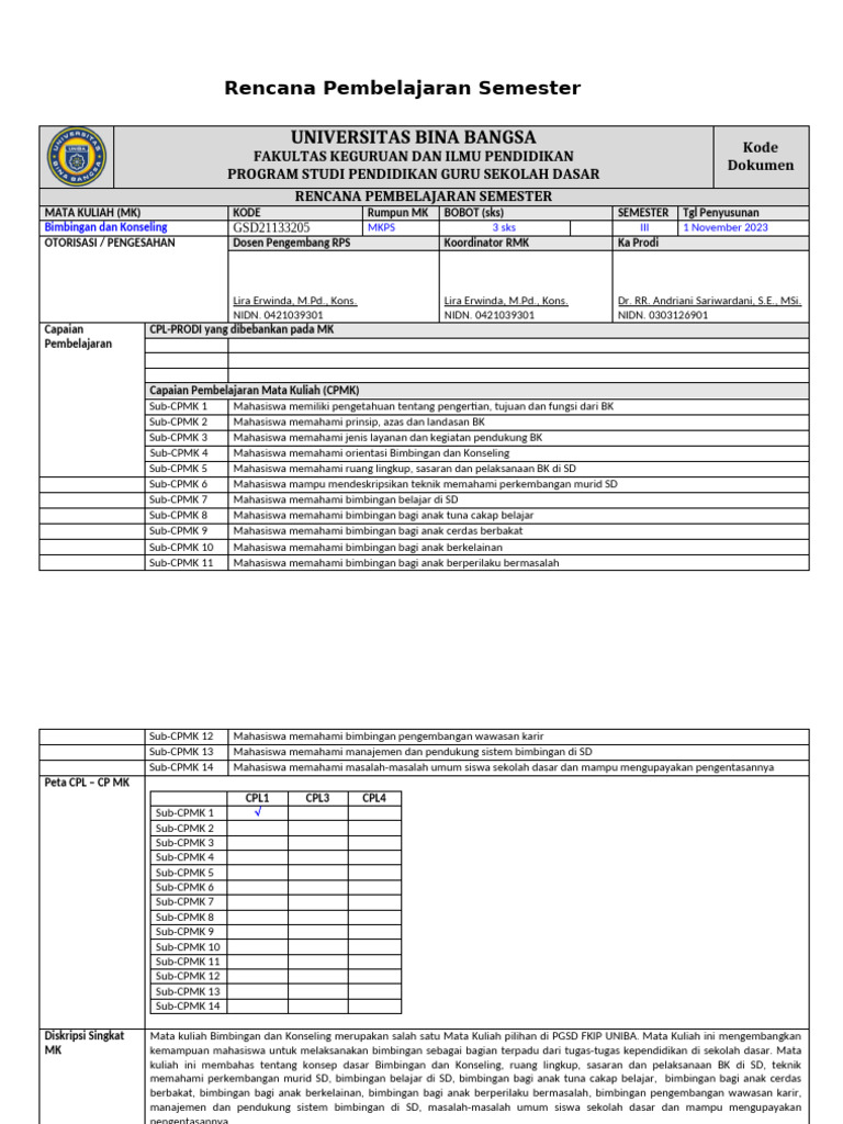 RPS MK Bimbingan Dan Konseling | PDF