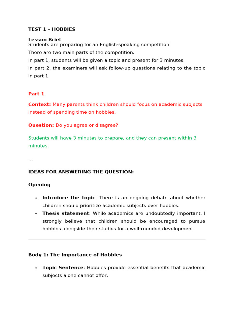 Eloquence Contest - Grade 7 - Speaking Test 1 | PDF | Hobbies | Social ...