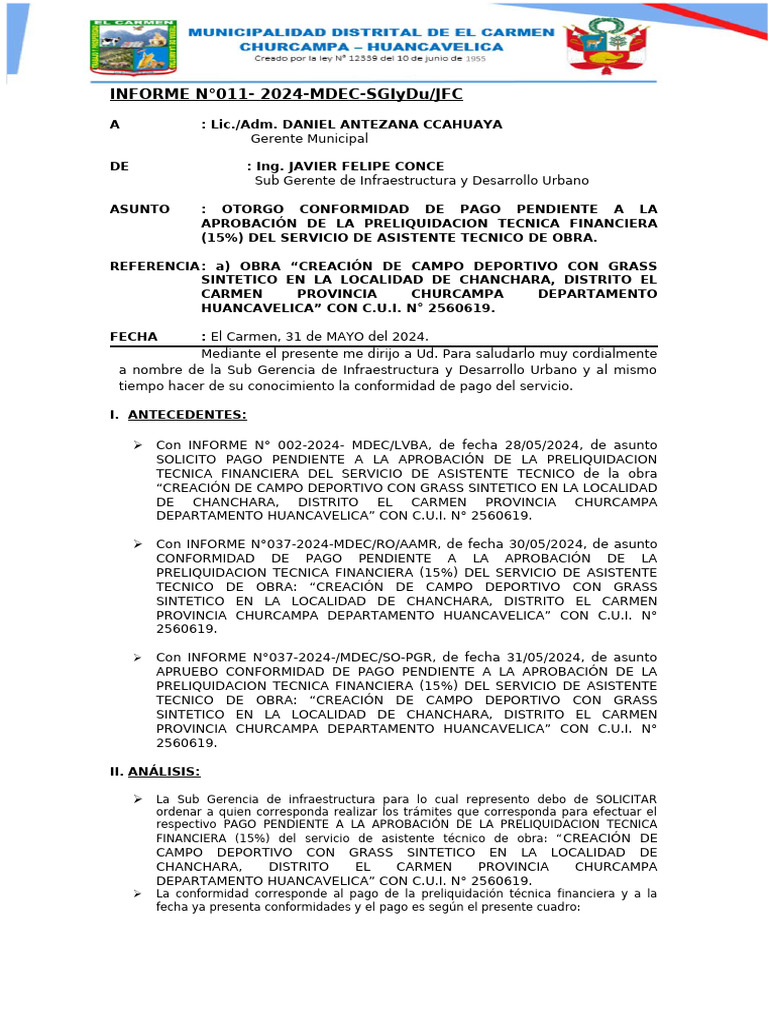 INFORME N°0011- 2024-MDEC CONFORMIDAD DE PAGO PENDIENTE A LA APROBACIÓN ...