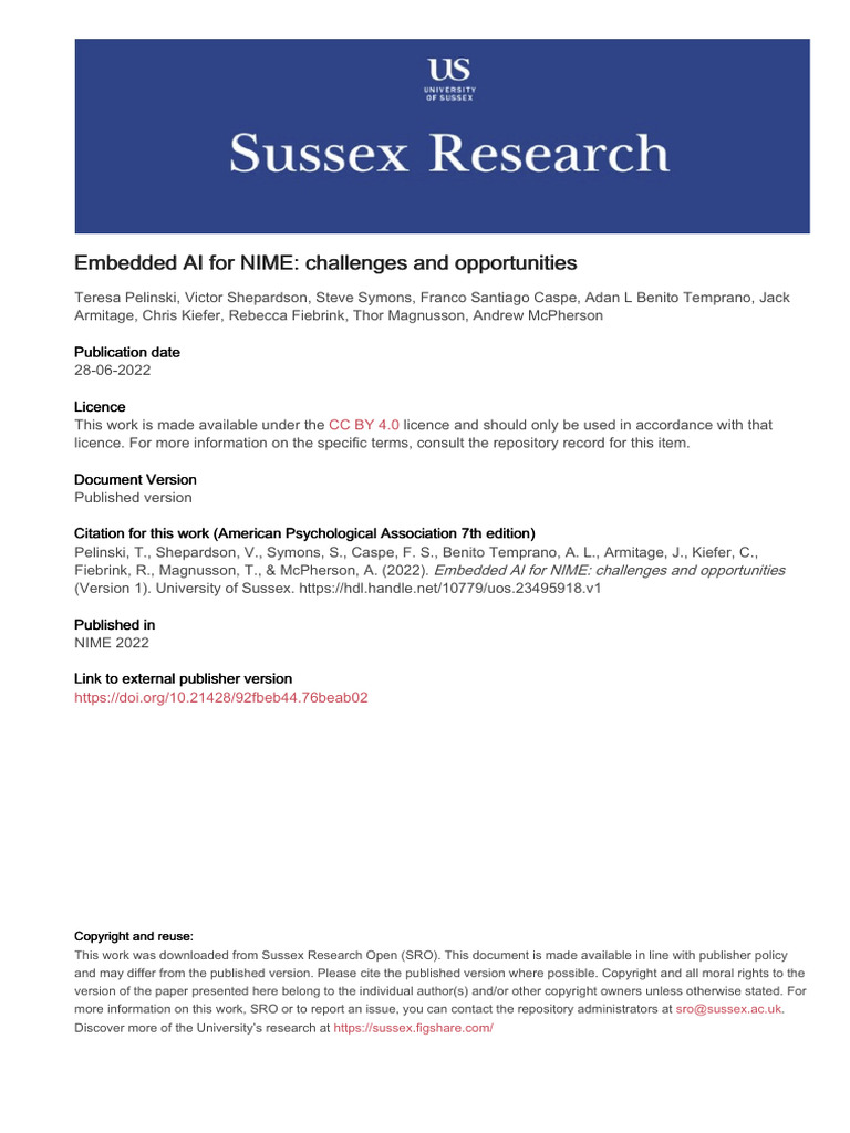 Pelinski et al. - 2022 - Embedded AI for NIME challenges and opportunities | PDF | Artificial ...