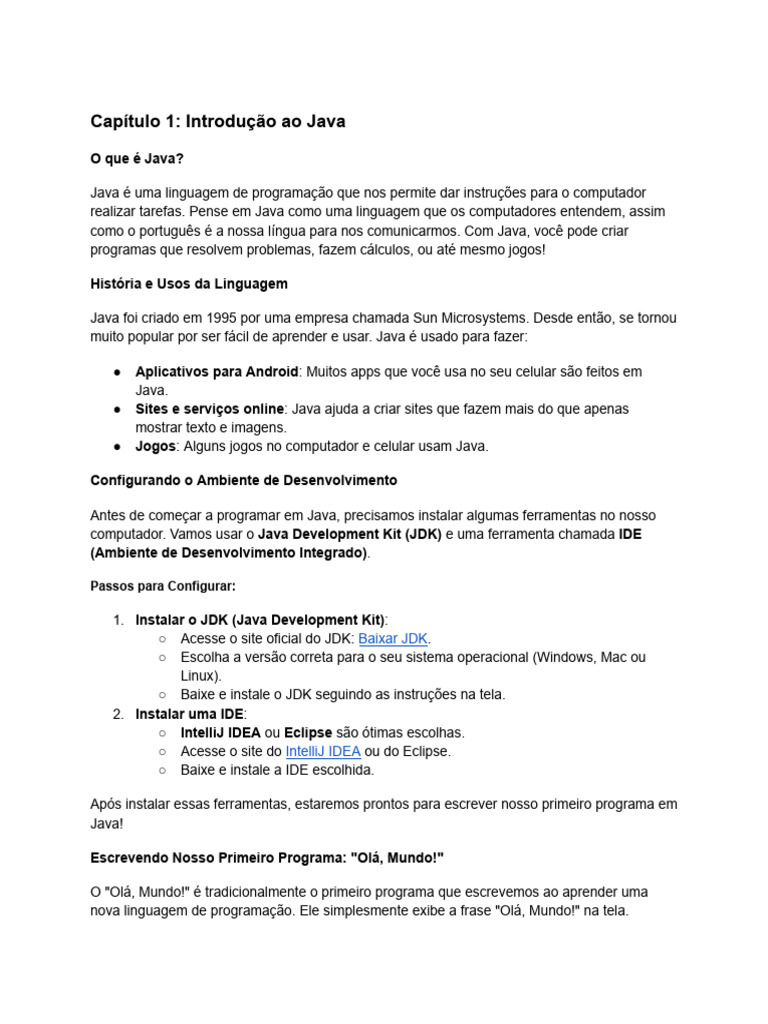 Introdução ao Java | PDF | Java (linguagem de programação) | Tipo de dados Introdução ao Java | PDF | Java (linguagem de programação) | Tipo de dados