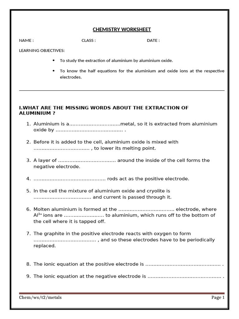 Aluminium Extraction Worksheet | PDF